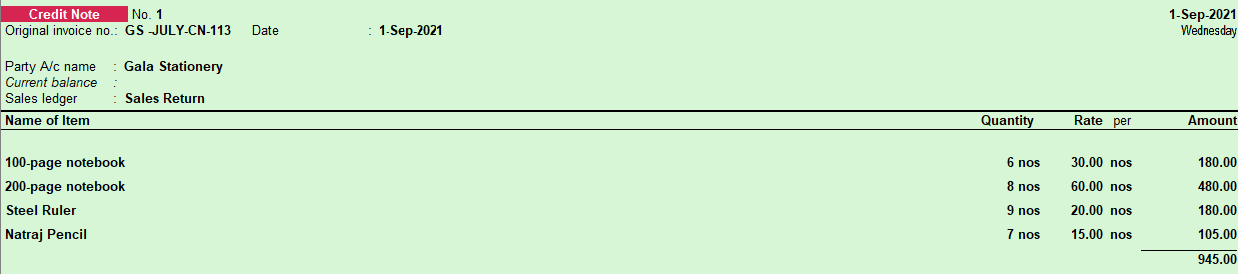 Credit Note (Sales Return) - myITschools